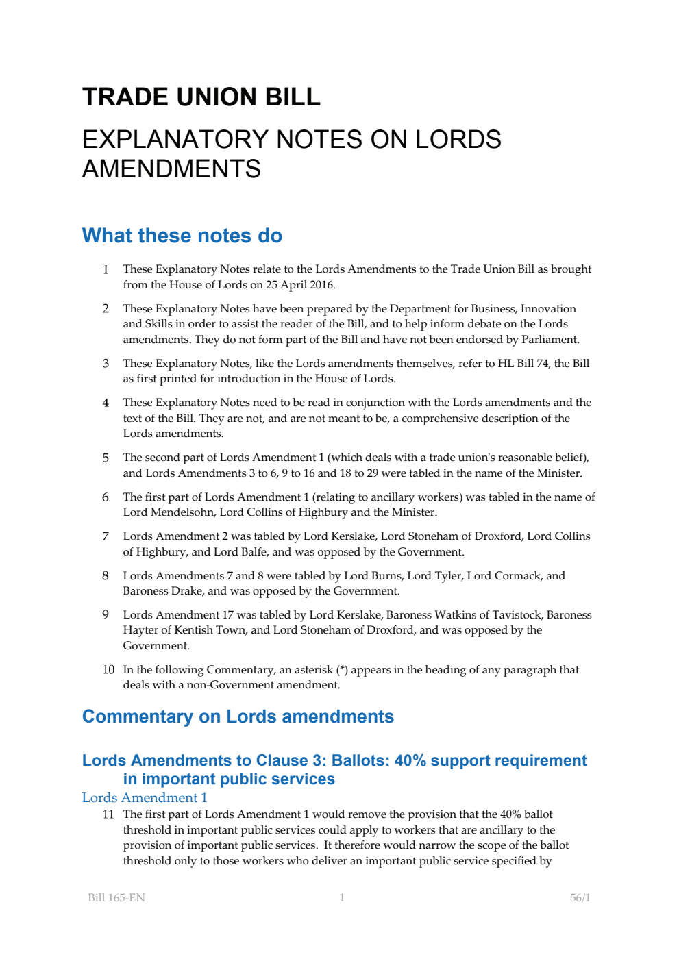 Trade Union Bill Explanatory Notes on Lords Amendments