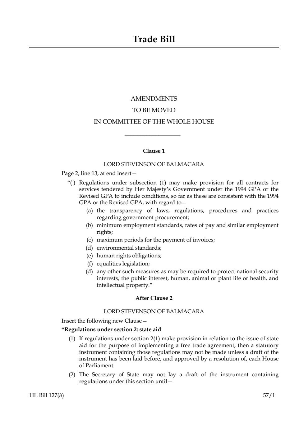 Trade Bill Amendments to be moved in Committee of the Whole House