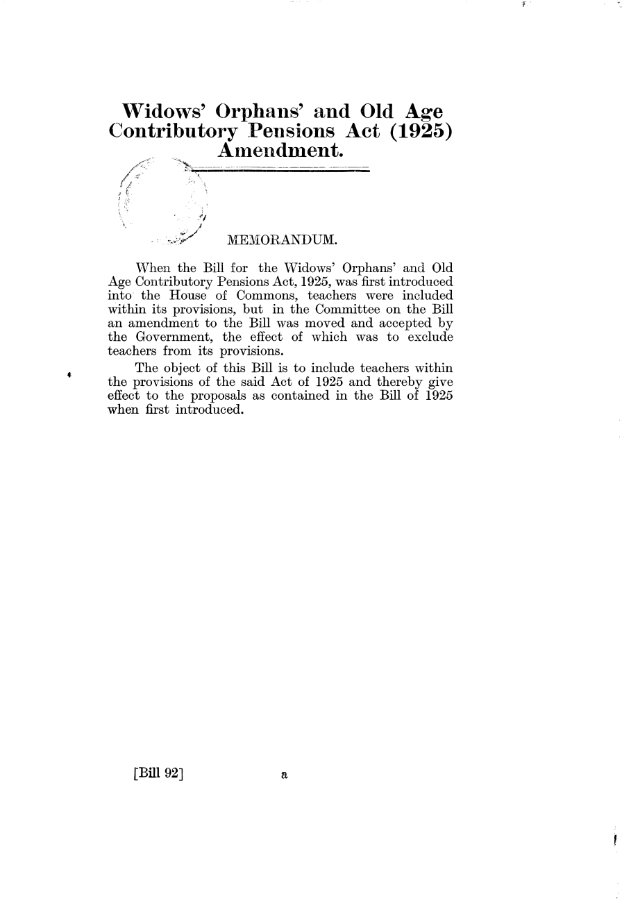 Widows', Orphans' and Old Age Contributory Pensions Act (1925) Amendment Bill