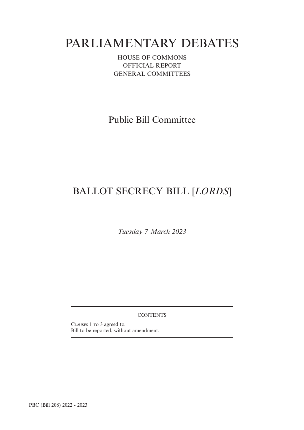 Ballot Secrecy Public Bill Committee 1st Sitting 7th March 2023